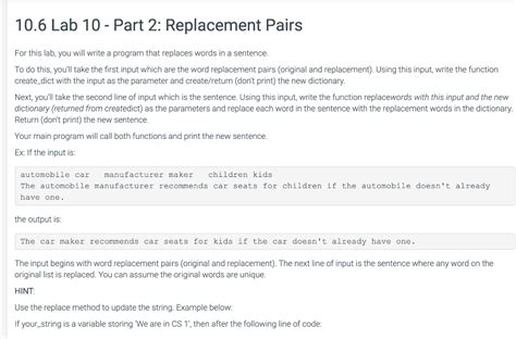 Solved 106 Lab 10 Part 2 Replacement Pairs For This Lab