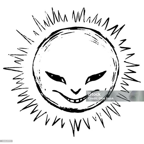 불길한 미소 태양 손으로 그린 벡터 윤곽 그림 흰색에 격리 된 사실적인 복고풍 그래픽 드로잉 디자인 프린트 포스터 장식 타이포그래피 스티커 문신용 싱글 블랙 낙서 요소 낙서