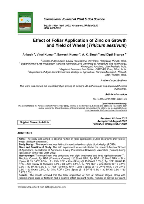 Pdf Effect Of Foliar Application Of Zinc On Growth And Yield Of Wheat