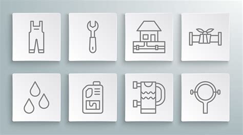 세트 라인 물방울 렌치 스패너 드레인 클리너 병 가열 타월 레일 필터 렌치 공급 파이프 산업 금속 및 작업 작업복 아이콘 벡터 가정 생활에 대한 스톡 벡터 아트 및 기타