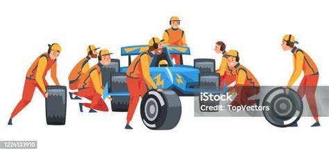 피트 스톱 승무원 유니폼 변경 타이어 바퀴 전문 역학 및 레이서 만화 캐릭터 벡터 일러스트 교통수단에 대한 스톡 벡터 아트 및 기타 이미지 Istock