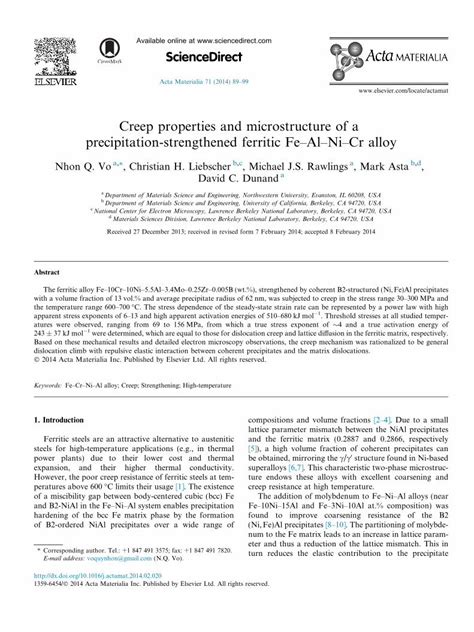 Pdf Creep Properties And Microstructure Of A Precipitation Strengthened Ferritic Fealnicr