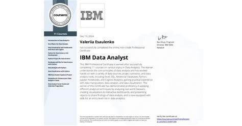 valeriia esaulenko on linkedin completion certificate for ibm data analyst 12 comments