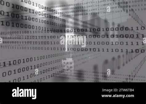 Digitally Generated Binary Codes Moving While Background Shows Different Views Of Buildings