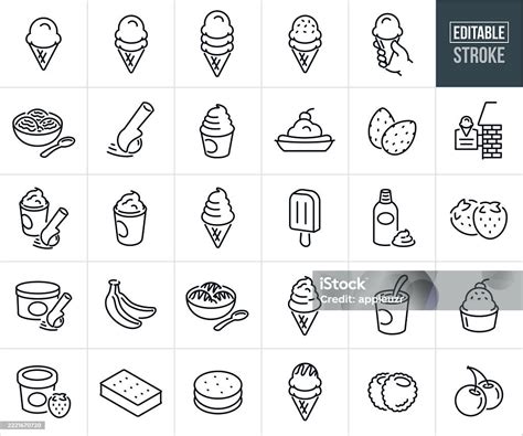 아이스크림 얇은 선 아이콘 편집 가능한 스트로크 아이콘에는 냉동 디저트 아이스크림 콘 아이스크림 토핑 과일 아이스크림 가게 냉동 요구르트 바나나 분할 소프트 서브 아이스크림