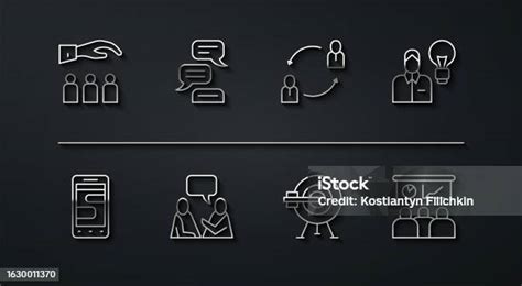 직원과 라인 보스 설정 전화 채팅 메시지 인간 램프 전구 대상 화살표 앉아있는 두 남자가 말하고 말풍선 채팅 교육 프레젠테이션 및 리소스 아이콘 벡터 Brand Name