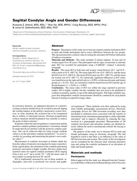 Pdf Sagittal Condylar Angle And Gender Differences