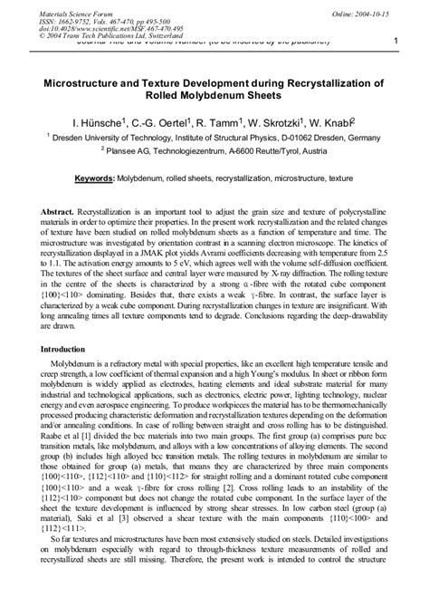 Microstructure And Texture Development During Recrystallization Of Rolled Molybdenum Sheets