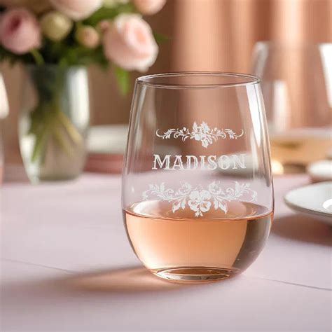 Elegant Personalized Etched Floral Stemless Wine Glass Zazzle