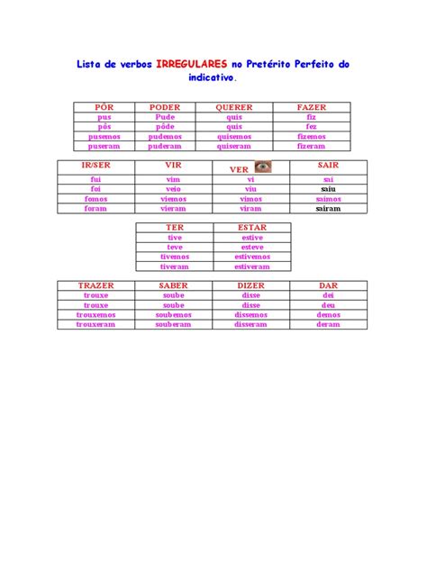 Verbos Irregulares No Pretérito Perfeito Pdf