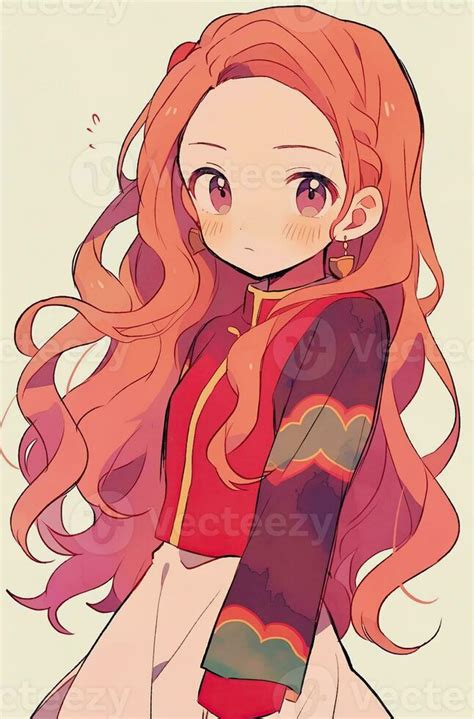 Pretty Anime Girl With Red Hair Pulled Back Created With Generative Ai