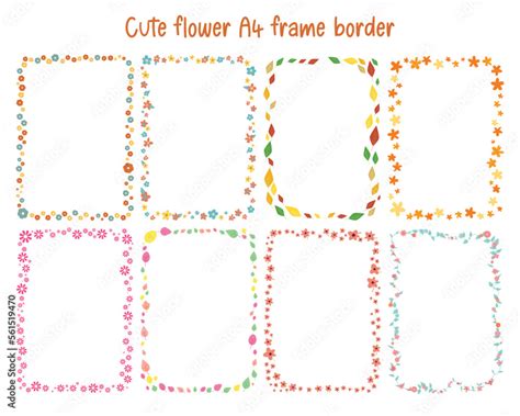 Cute Flower A4 Sheet Frame Border Design Element Set For Worksheet