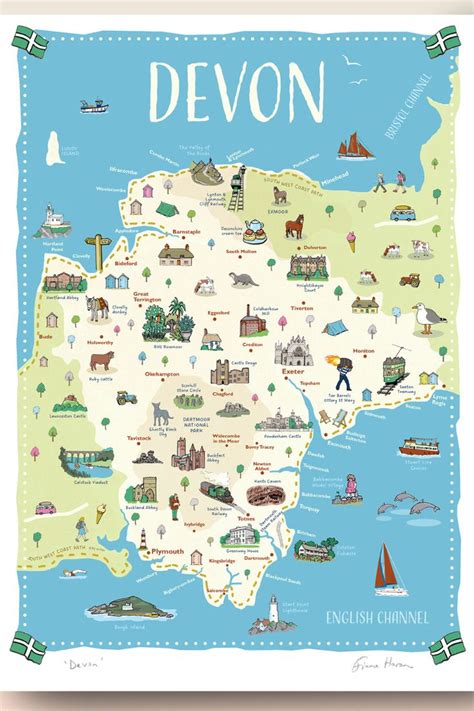 Devon Map Print Illustrated Travel Poster Uk Wall Art Etsy Uk