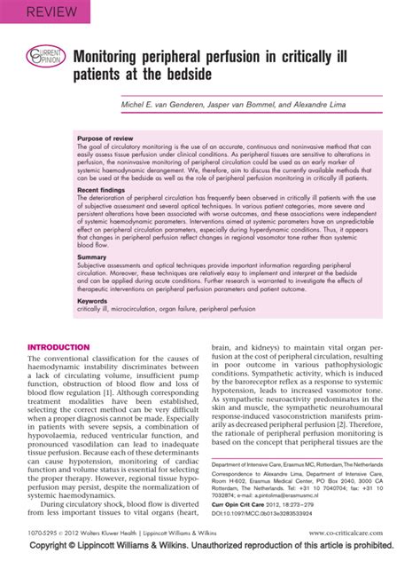 Monitoring Peripheral Perfusion In Critically Ill Pdf Shock Circulatory Medical Specialties