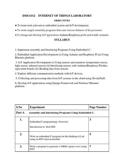 Dmc6312 Internet Of Things Laboratory Pdf Arduino Embedded System