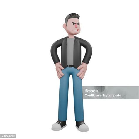 크리 에이 티브 3d 모델 남성 시나리오 작가는 머리를 옆으로 기울인 채 두 손을 허리에 얹고 서 있습니다 만화 일러스트 3차원 형태에 대한 스톡 사진 및 기타 이미지
