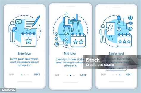 작업 경험 선형 개념과 모바일 앱 페이지 화면 파란색 온보딩 입력 중간 고위 급 연습 단계 그래픽 지침 Ux Ui 그림이 있는