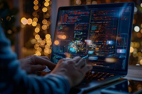 A Person Is Typing On A Laptop Computer With A Screen Displaying A Complex Code Generated By Ai