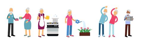 은퇴한 노인 남자와 여자는 취미 활동 벡터 세트에 종사하는 자유 시간을 보내고 있다 가정 주방에 대한 스톡 벡터 아트 및 기타 이미지 가정 주방 가정의 방 개체 그룹