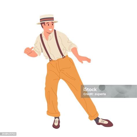 젊은 복고풍 신사 만화 캐릭터 춤 벡터 일러스트 레이 션 흰색 배경에 고립 감정에 대한 스톡 벡터 아트 및 기타 이미지 감정
