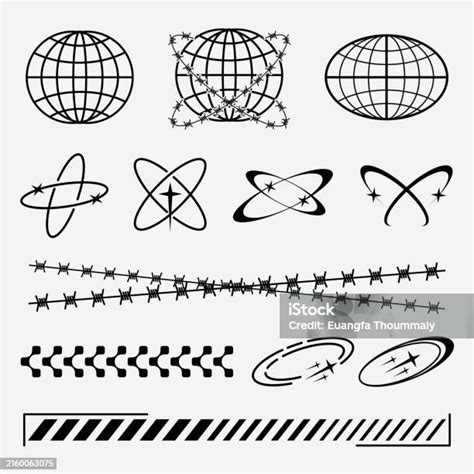 스트리트웨어 패션 디자인 요소 복고풍 미래 지향적 인 디자인 요소에는 지구본 가시 추상적 인 모양이 포함됩니다 0명에 대한 스톡