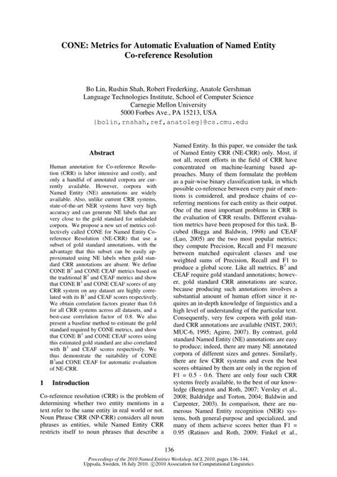 PDF CONE Metrics For Automatic Evaluation Of Named Entity Co Reference Resolution