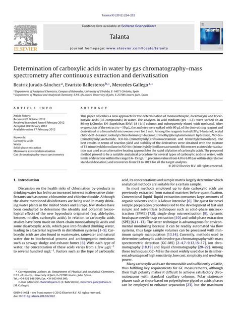 Pdf Determination Of Carboxylic Acids In Water By Gas Chromatographymass Spectrometry After