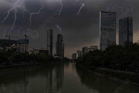 Urban Scenery Under Lightning Background Lightning Thunder Background Background Image And
