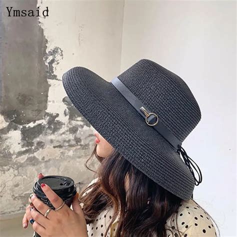 Ymsaid 여성을위한 여름 밀짚 모자 그레이스 패션 우아한 보우 레이디 와이드 브림 플로피 비치 여성 바이저 태양 모자햇빛