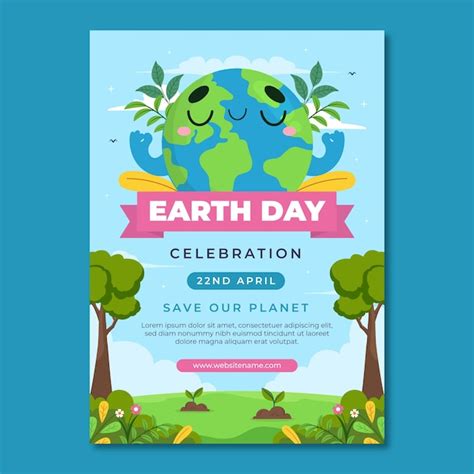 평평한 지구의 날 축하 수직 포스터 템플릿 무료 벡터