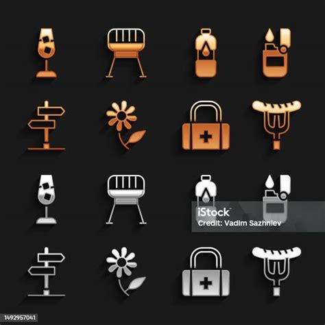 포크에 꽃 라이터 소시지 구급 상자 도로 교통 표지판 생수 와인 잔 및 바베큐 그릴 아이콘을 설정하십시오 벡터 간판에 대한 스톡 벡터 아트 및 기타 이미지 Istock