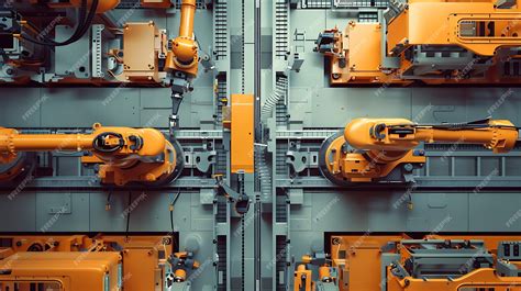 Industrial Robots Working On Assembly Line Automating Manufacturing With Robotics Technology