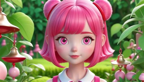 Pink Haired Girl In Garden With Red Bells Stable Diffusion Online