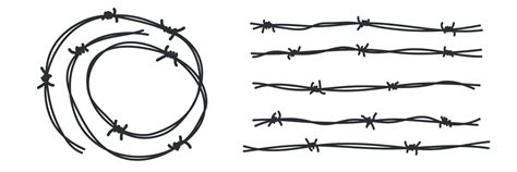 Barbed Wire Circle And Line View Set Fence Barbwire Border Chain Silhouette War Barb Vector