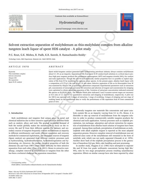 Pdf Solvent Extraction Separation Of Molybdenum As Thio Molybdate Complex From Alkaline