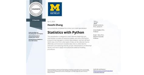 Haozhi Zhang On Linkedin Completion Certificate For Statistics With Python