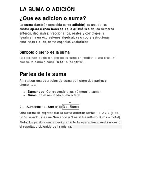 Conceptos Y Propiedades De La Suma Pdf Números Matemáticas