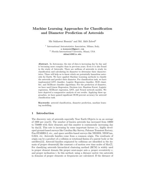 Pdf Machine Learning Approaches For Classification And Diameter Prediction Of Asteroids