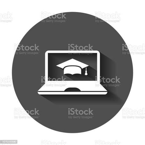 평면 스타일에 E 러닝 교육 아이콘입니다 긴 그림자 연구 벡터 일러스트입니다 노트북 컴퓨터 온라인 교육 비즈니스 개념입니다 거리가 먼에 대한 스톡 벡터 아트 및 기타 이미지