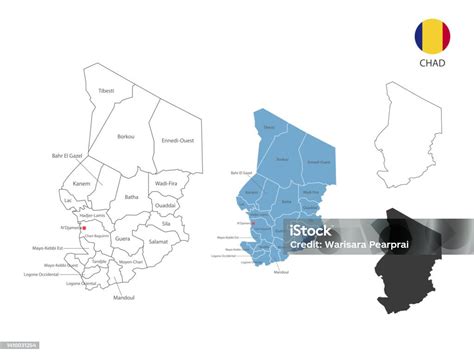 차드지도 벡터 일러스트 레이 션의 4 스타일은 모든 지방을 가지고 차드의 수도를 표시합니다 얇은 검은 윤곽선 단순 스타일과 어두운 그림자 스타일 흰색 배경에 고립되어
