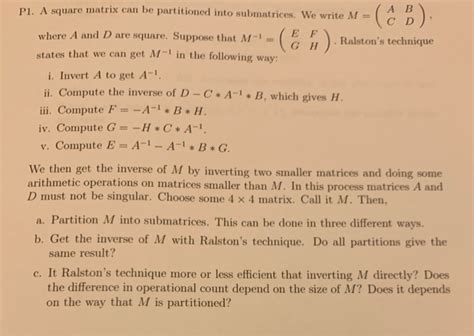 Solved P1 A Square Matrix Can Be Partitioned Into