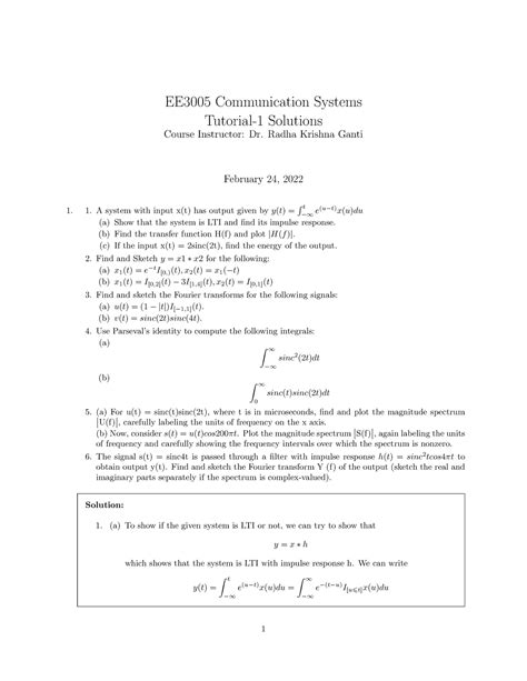 Hw1 Sols Work Ee3005 Communication Systems Tutorial 1 Solutions