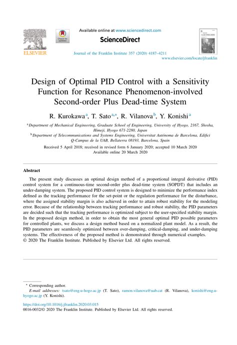 Pdf Design Of Optimal Pid Control With A Sensitivity Function For Resonance Phenomenon