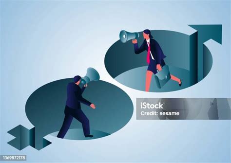 남성여성 의사 소통 페미니즘 남성 기호 안에 서 있는 남자 여성 상징에 서 있는 여자와 이야기 경쟁자에 대한 스톡 벡터 아트 및 기타 이미지 Istock