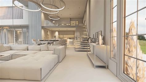 3d 렌더링 주방이 있는 현대적인 개방형 거실 공간 럭셔리 모던 스타일의 듀플렉스 아파트 레지던스 홈 데코 명품 인테리어 디자인 0명에 대한 스톡 사진 및 기타 이미지