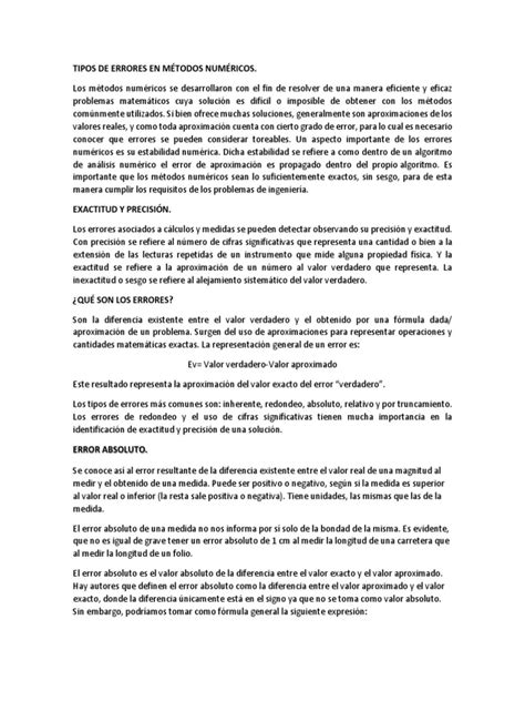 Tipos De Errores En Métodos Numéricos Pdf Aproximación Medición