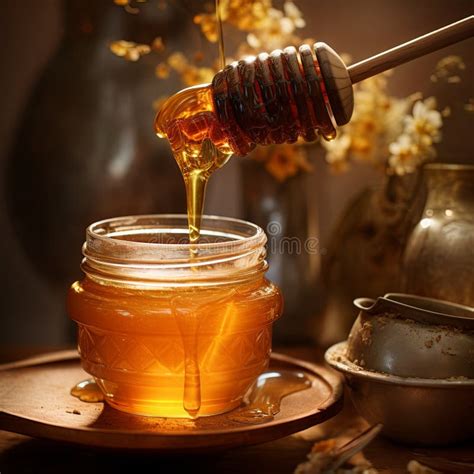 Liquid Honey Is Being Poured Into A Bowl Using A Honey Dipper Stock