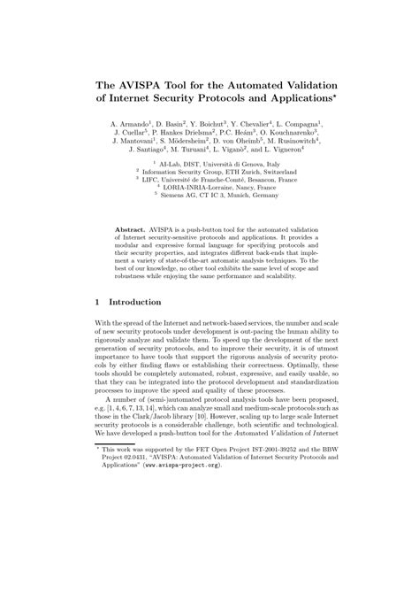 Pdf The Avispa Tool For The Automated Validation Of Internet Security Protocols And Applications