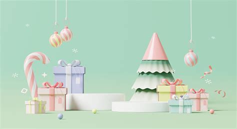 3d 렌더링 다채로운 공 선물 상자 및 나무로 장식 된 제품을 보여주기위한 디스플레이 연단이있는 파스텔 크리스마스 배경 0명에 대한 스톡 사진 및 기타 이미지 Istock