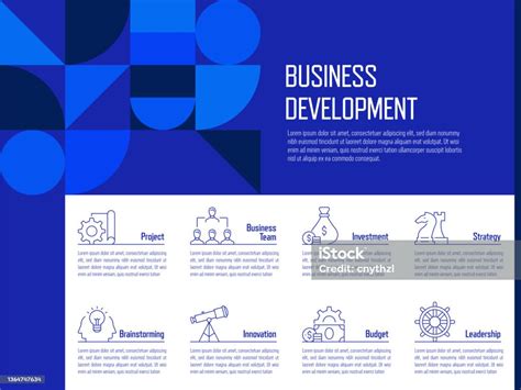 아이콘이 있는 비즈니스 개발 컨셉 벡터 라인 인포그래픽 디자인 8 프레젠테이션 배너 워크플로 레이아웃 플로우 차트 등을 위한